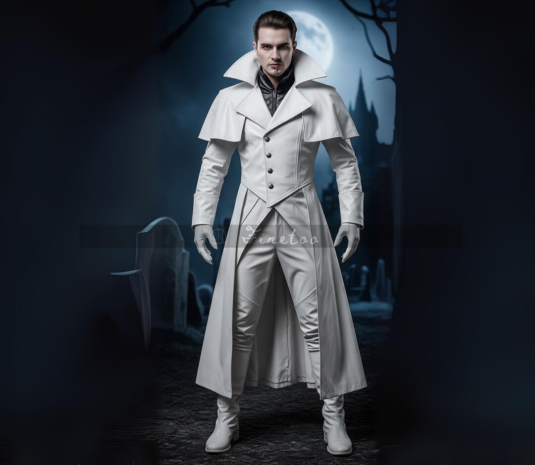 Mens Genuine Leather Dracula Costume, White Leather Vampire Tailcoat ...