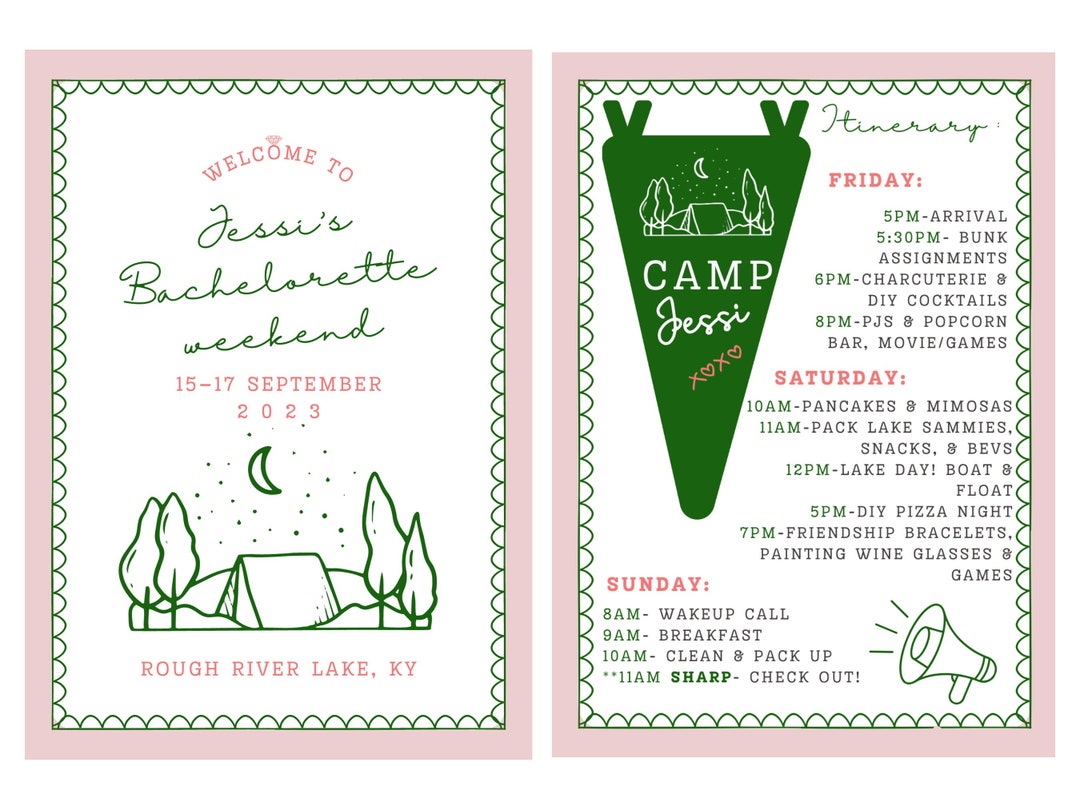 Camp Bachelorette Party Invitation & Itinerary: Lake Theme (canva ...
