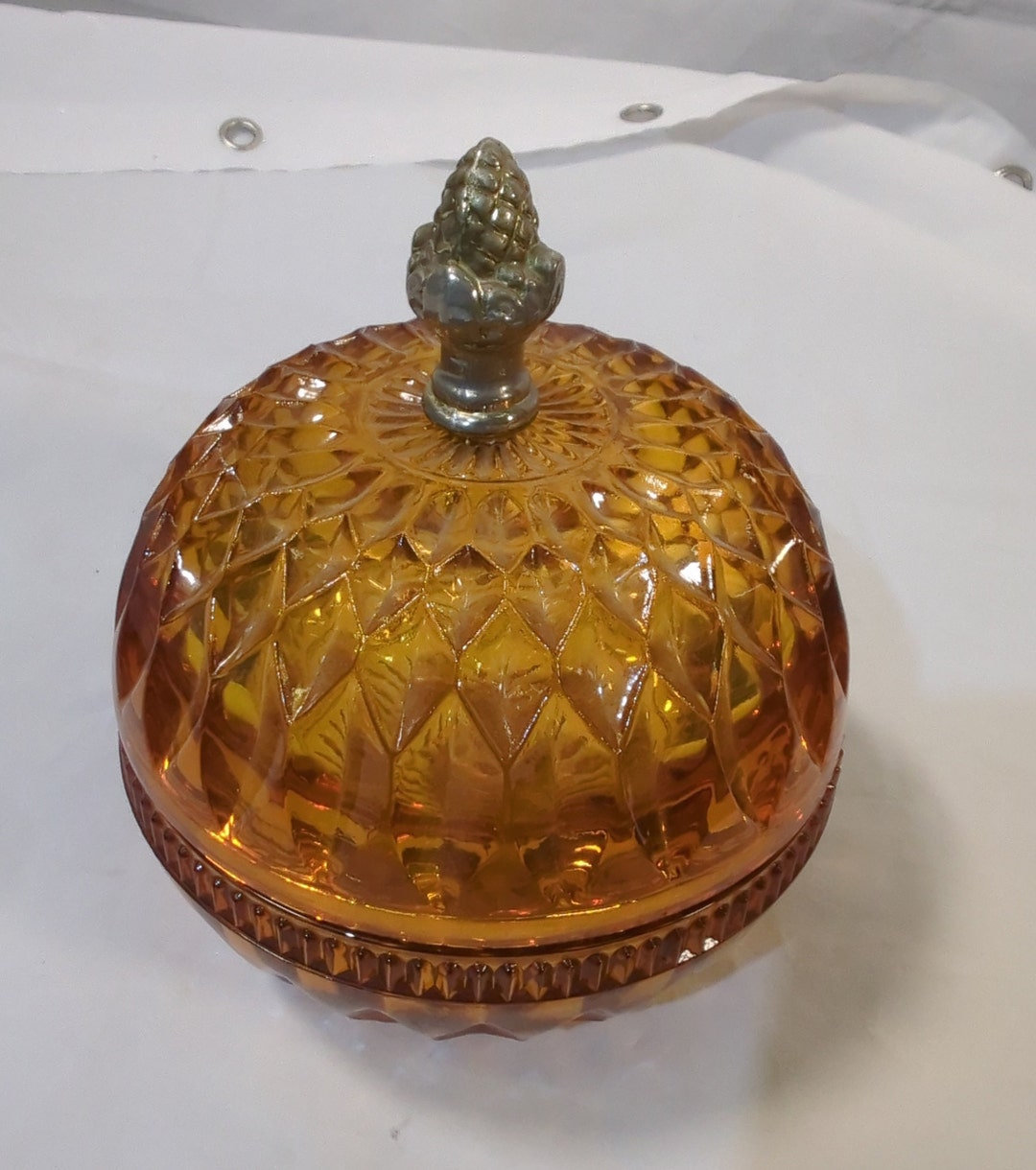 Vintage Indiana Glass Amber Candy Dish W/acorn Brass Finial - Etsy