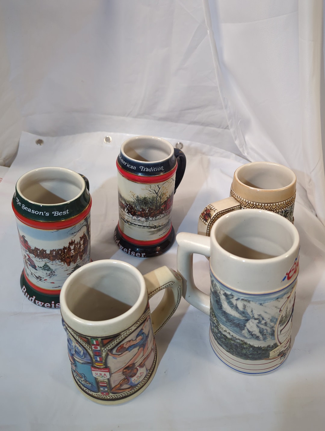 5 1990s Ceramic Beer Collectors Steins Mug, Budweiser, USA Olympic ...