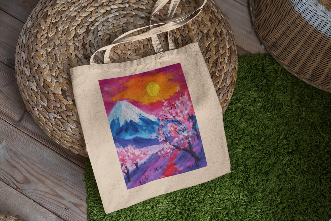 Pink Cherry Blossom Mt Fuji Tote Bag - Cute Tote Bags, Aesthetic Tote ...