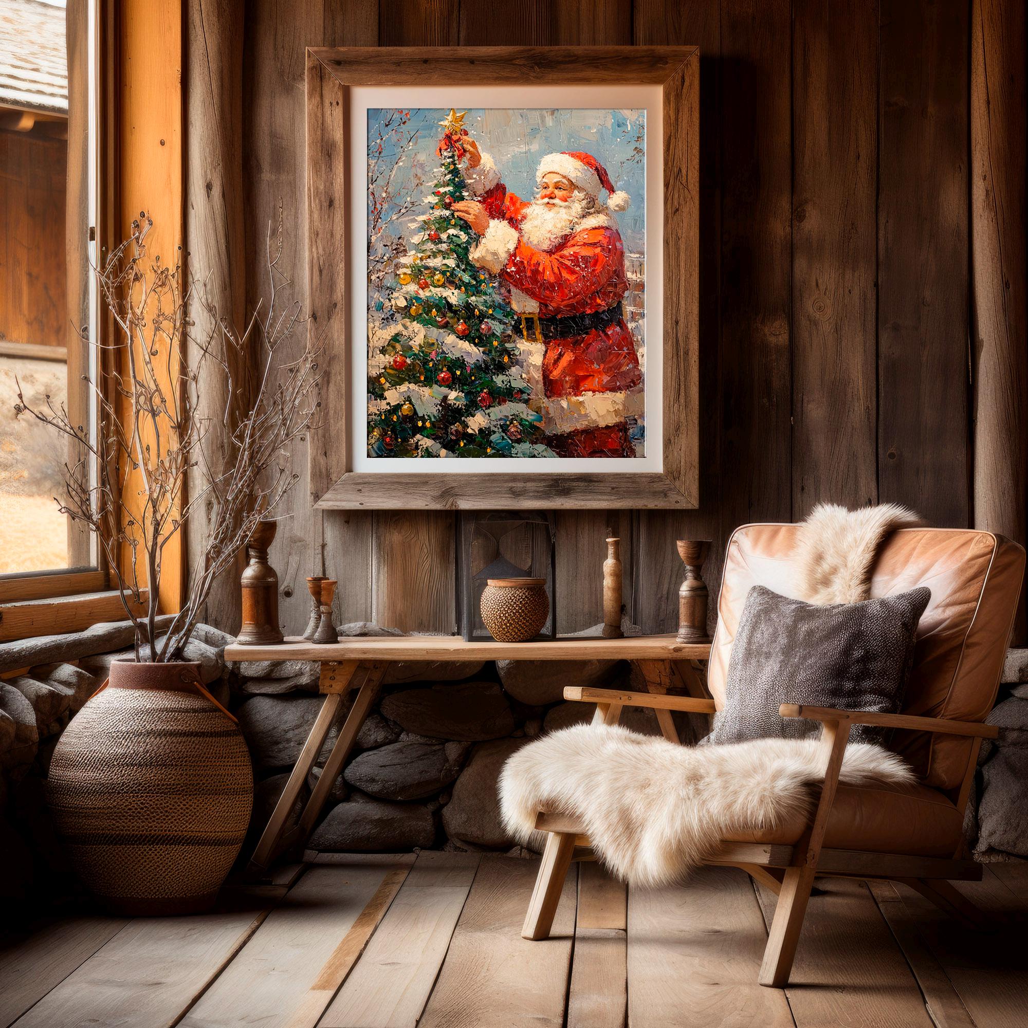 Vintage Santa Decorating Tree Print: Retro Christmas Wall Art (digital ...