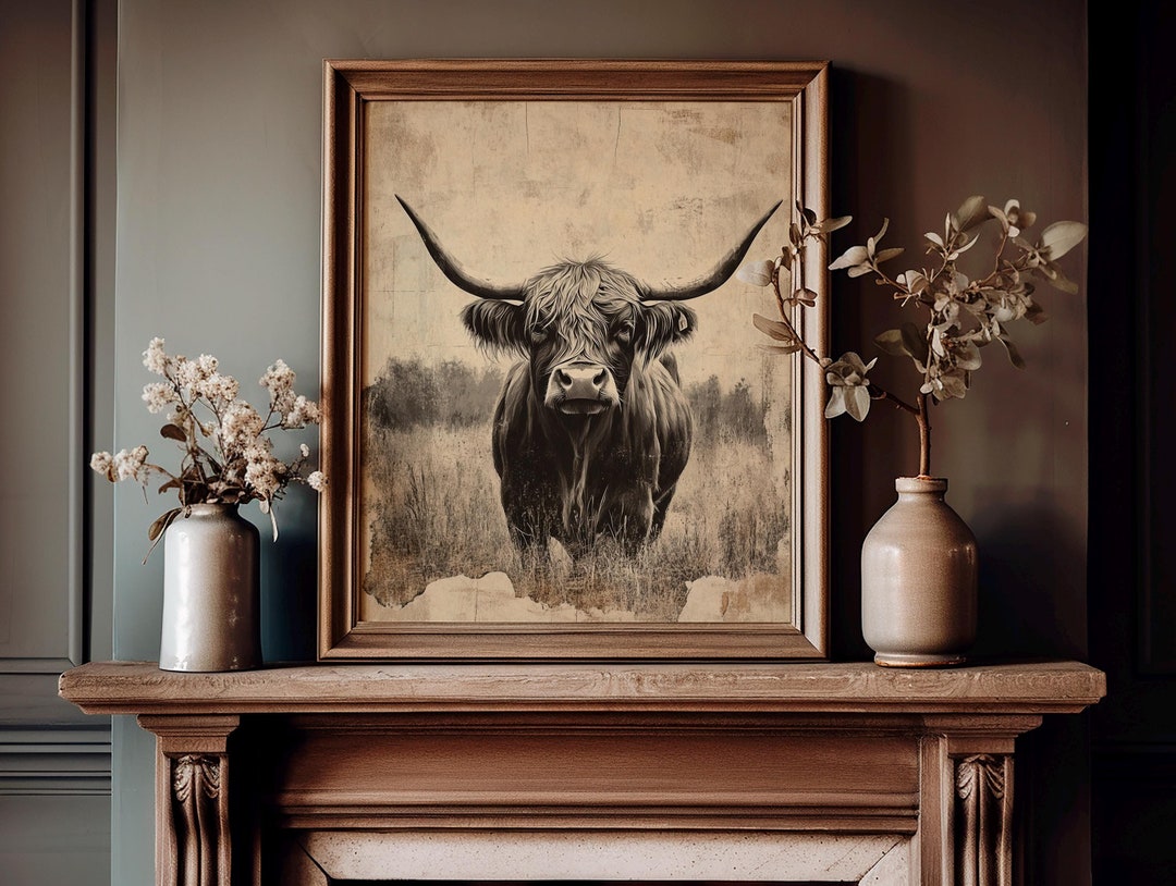 Highland Cow Oil Painting, Antique Vintage Cottagecore Decor, Forest ...