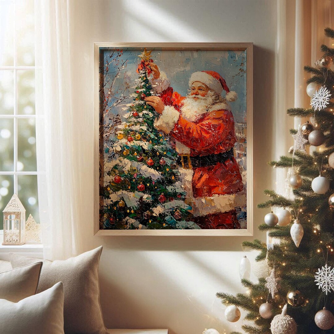 Vintage Santa Decorating Tree Print: Retro Christmas Wall Art (PNG) - Etsy