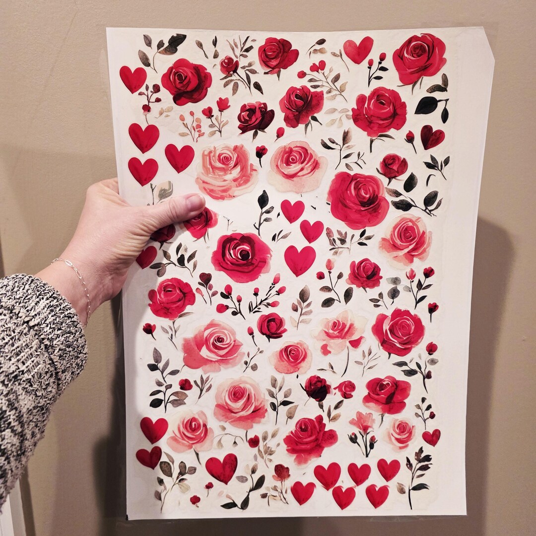 Hand Painted Roses and Hearts UV DTF Gang Sheet Stickers, Flower Decals ...