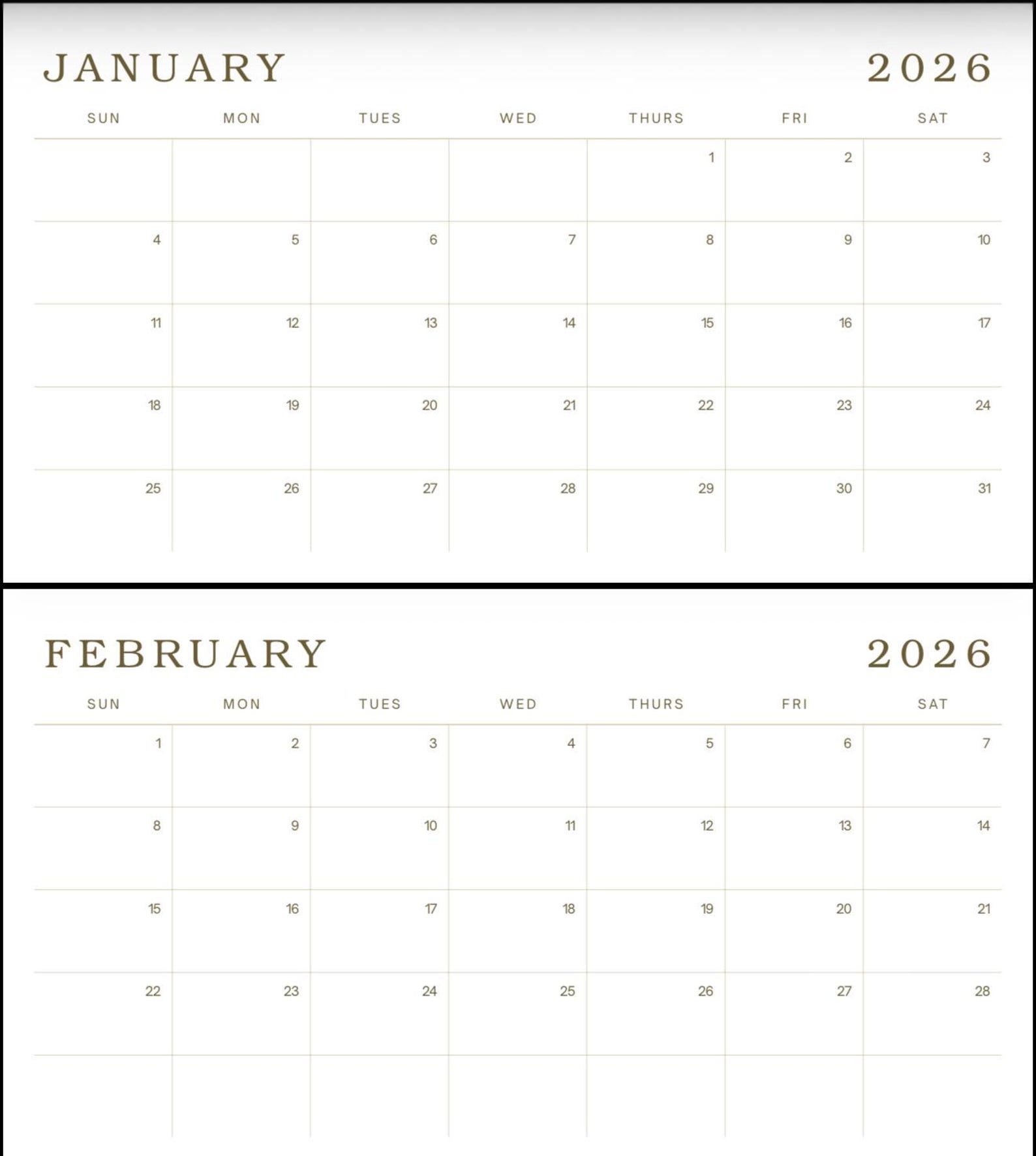 2026 Minimalist Calendar Printable, Monthly Planner (digital Download ...