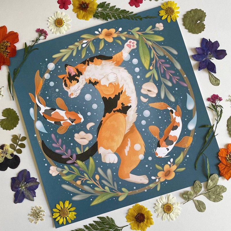 Pisces, Calico Cat With Koi Fish Art Print, Floral Digital Painting ...