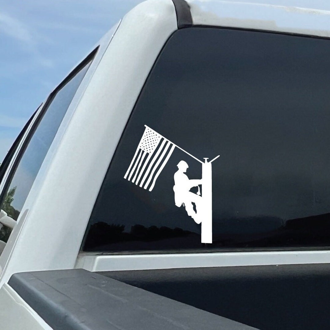 Lineman Climbing Pole With American Flag Decal Patriotic Lineman ...