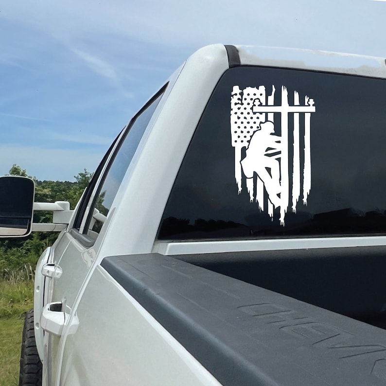 Lineman Climbing Pole With American Flag Decal | Patriotic Electrician ...