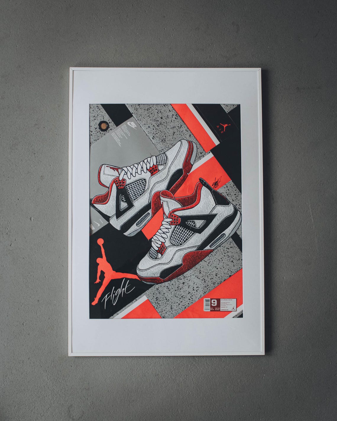 Original Framed Painting of the "nike Air Jordan 4 Fire Red" W/label a ...