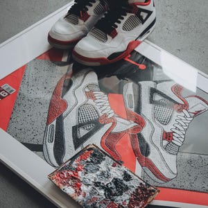 Original Framed Painting of the "nike Air Jordan 4 Fire Red" W/label a ...