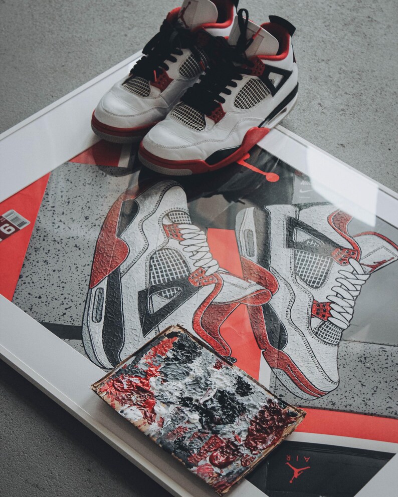 Original Framed Painting of the "nike Air Jordan 4 Fire Red" W/label a ...