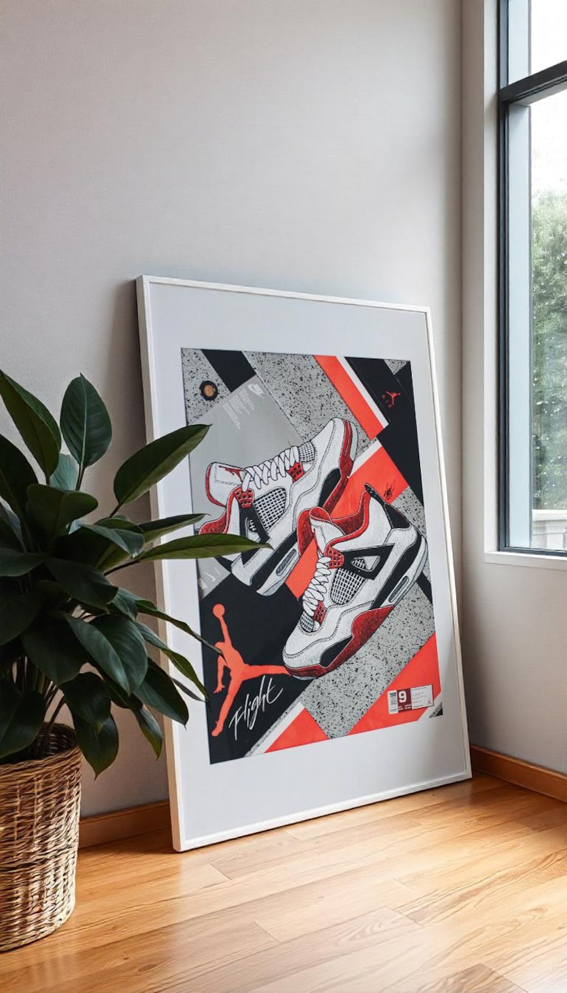 Original Framed Painting of the "nike Air Jordan 4 Fire Red" W/label a ...