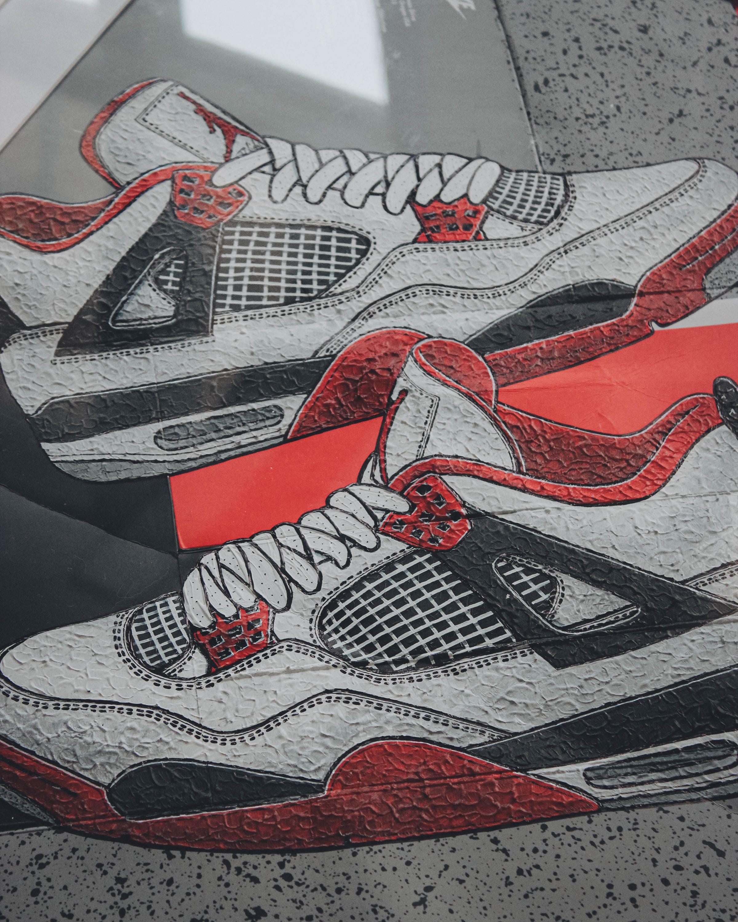 Original Framed Painting of the "nike Air Jordan 4 Fire Red" W/label a ...