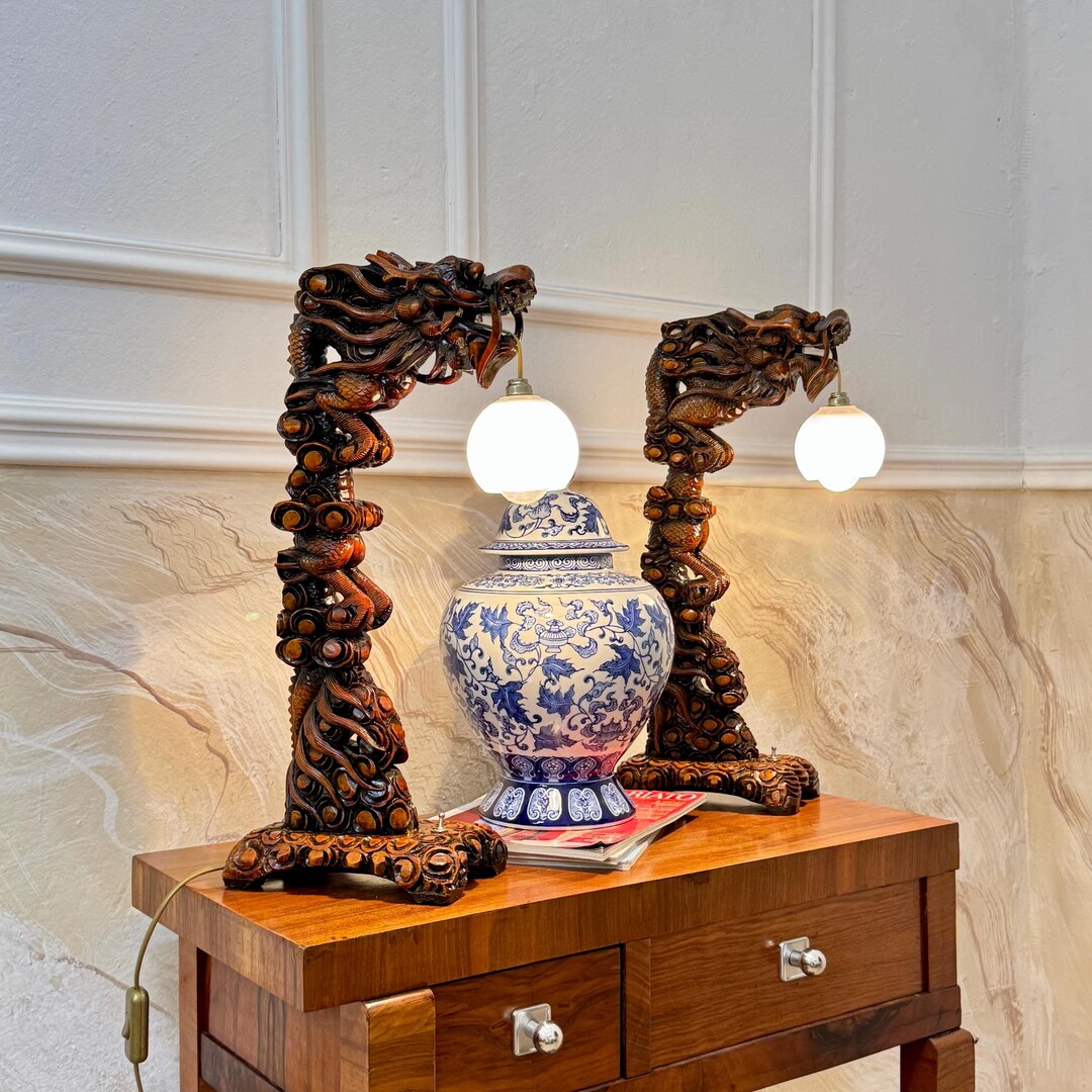 Pair of Wood-carved Chinese Dragon Table Lamps, Mid-20th Century - Etsy ...