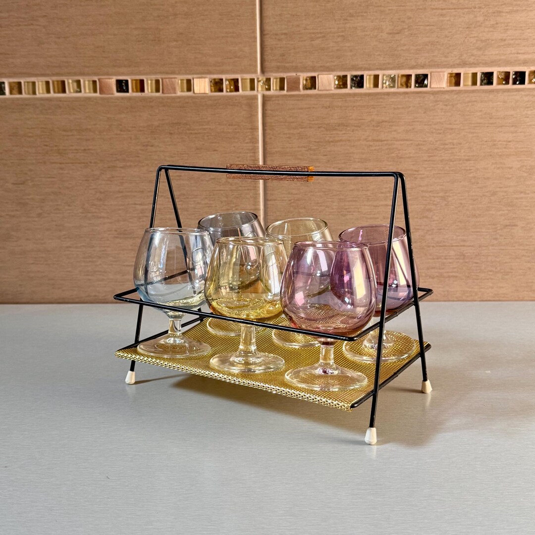 Mid-century Cognac Snifter Set, Colorful Liqueur Glasses on Metal Rack ...