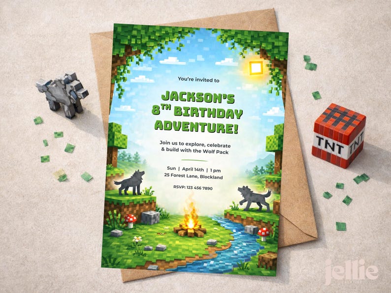 Pixel Block Birthday Invitation, Gamer Adventure Party, Editable Canva ...