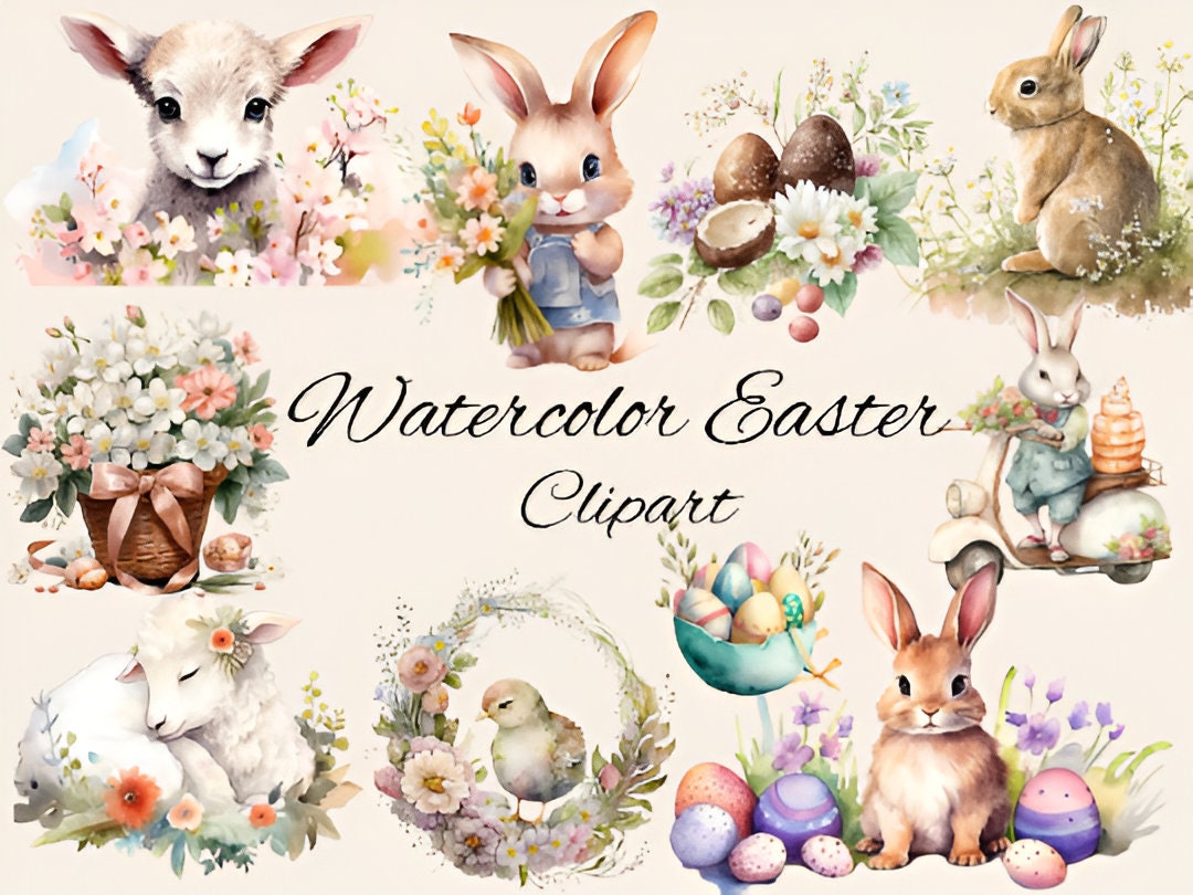 Watercolor Easter Clipart Bundle: Bunny, Lamb, Eggs (PNG Digital ...
