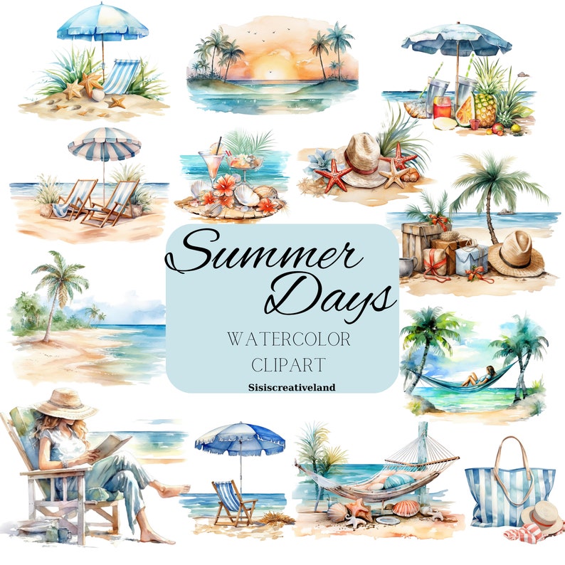Watercolor Summer Clipart, Summer Illustrations,beach Time PNG Clipart ...