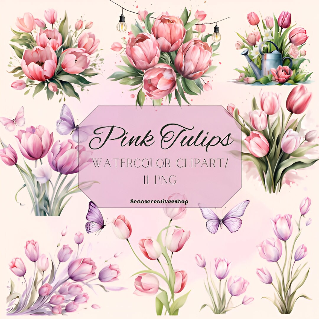 Watercolor Pink Tulips Clipart, Pink Flowers Clipart, Watercolor ...