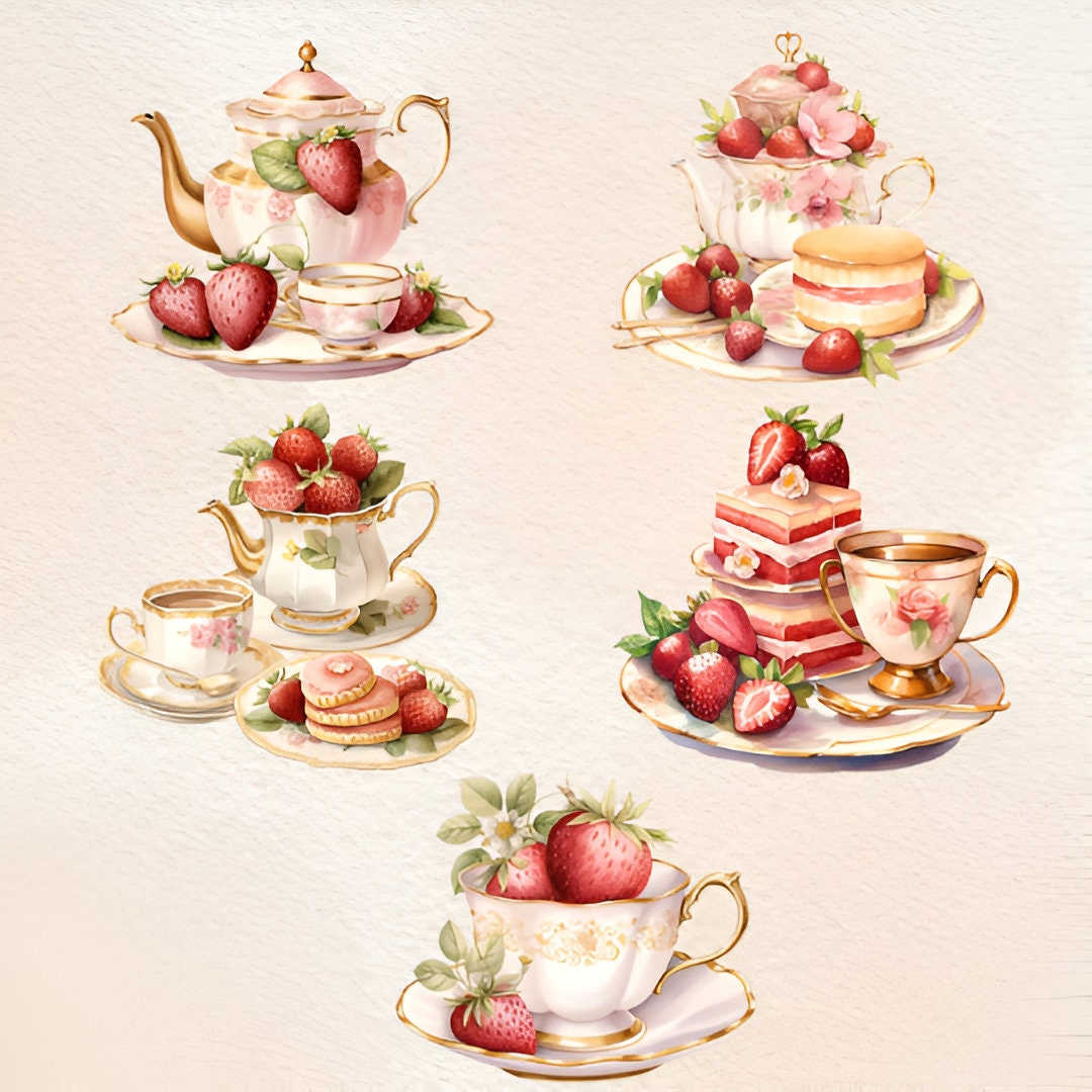 Tea and Strawberries Clipart, Watercolor Clipart, Tea Time Clipart ...