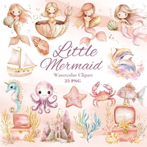 Watercolor Little Mermaid Clipart, Cute Mermaid Clipart, Under the Sea ...