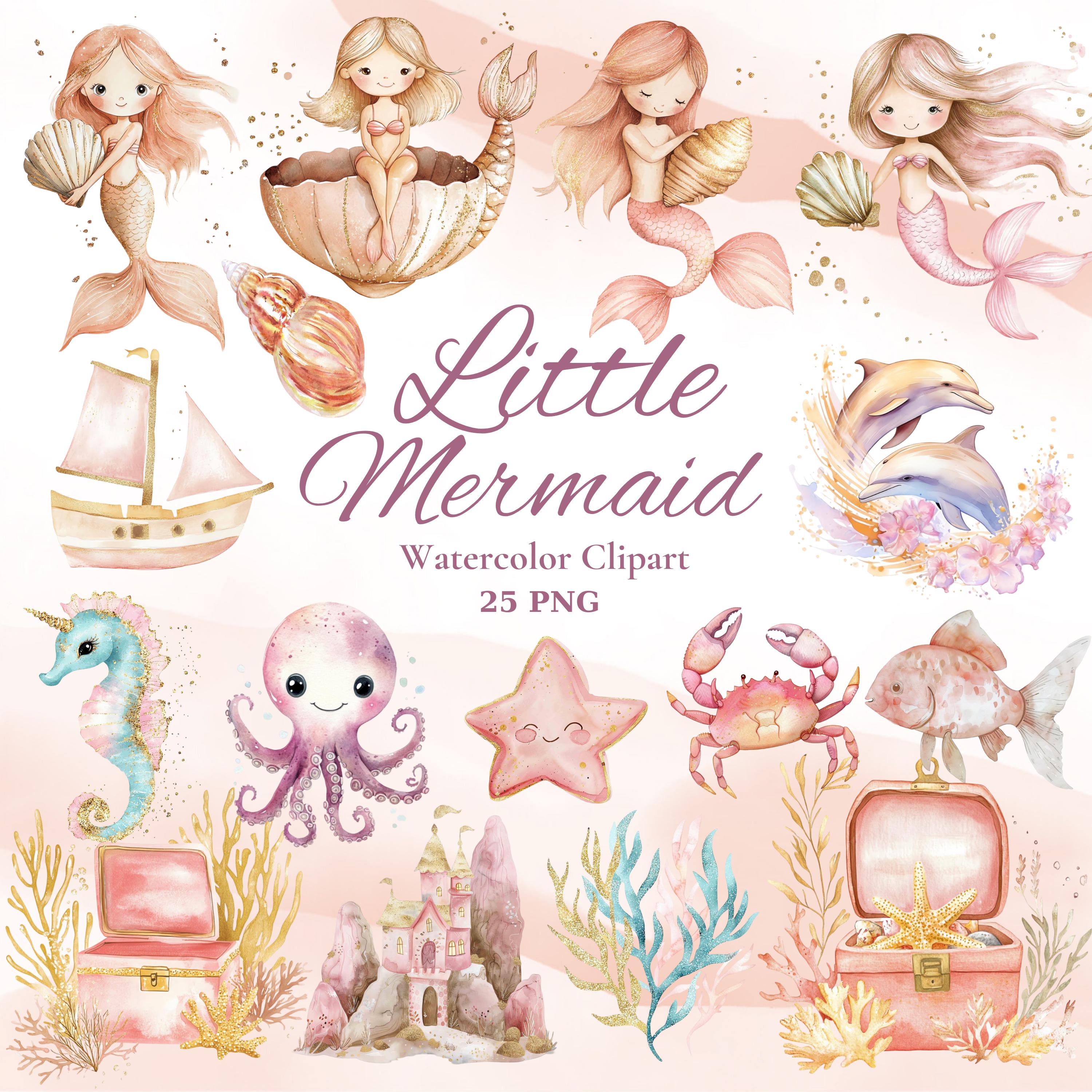 Watercolor Little Mermaid Clipart, Cute Mermaid Clipart, Under the Sea ...