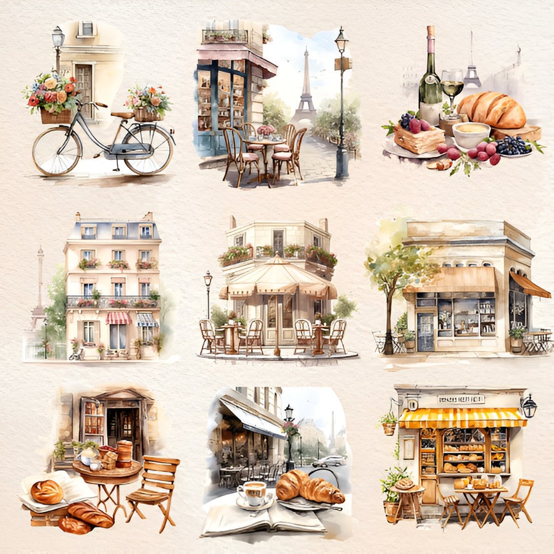 Watercolor Paris Clipart , Croissant Clipart , Paris Illustrations ...