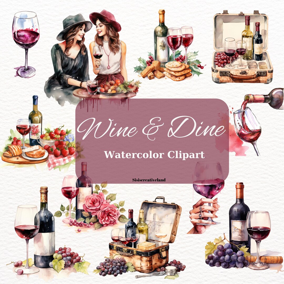 Watercolor Wine & Dine Clipart, Wine Clipart , Wine PNG, Food and Wine ...