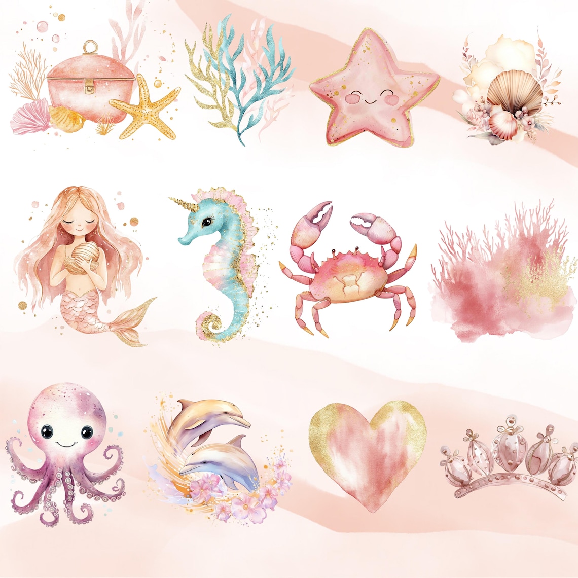 Watercolor Little Mermaid Clipart, Cute Mermaid Clipart, Under the Sea ...