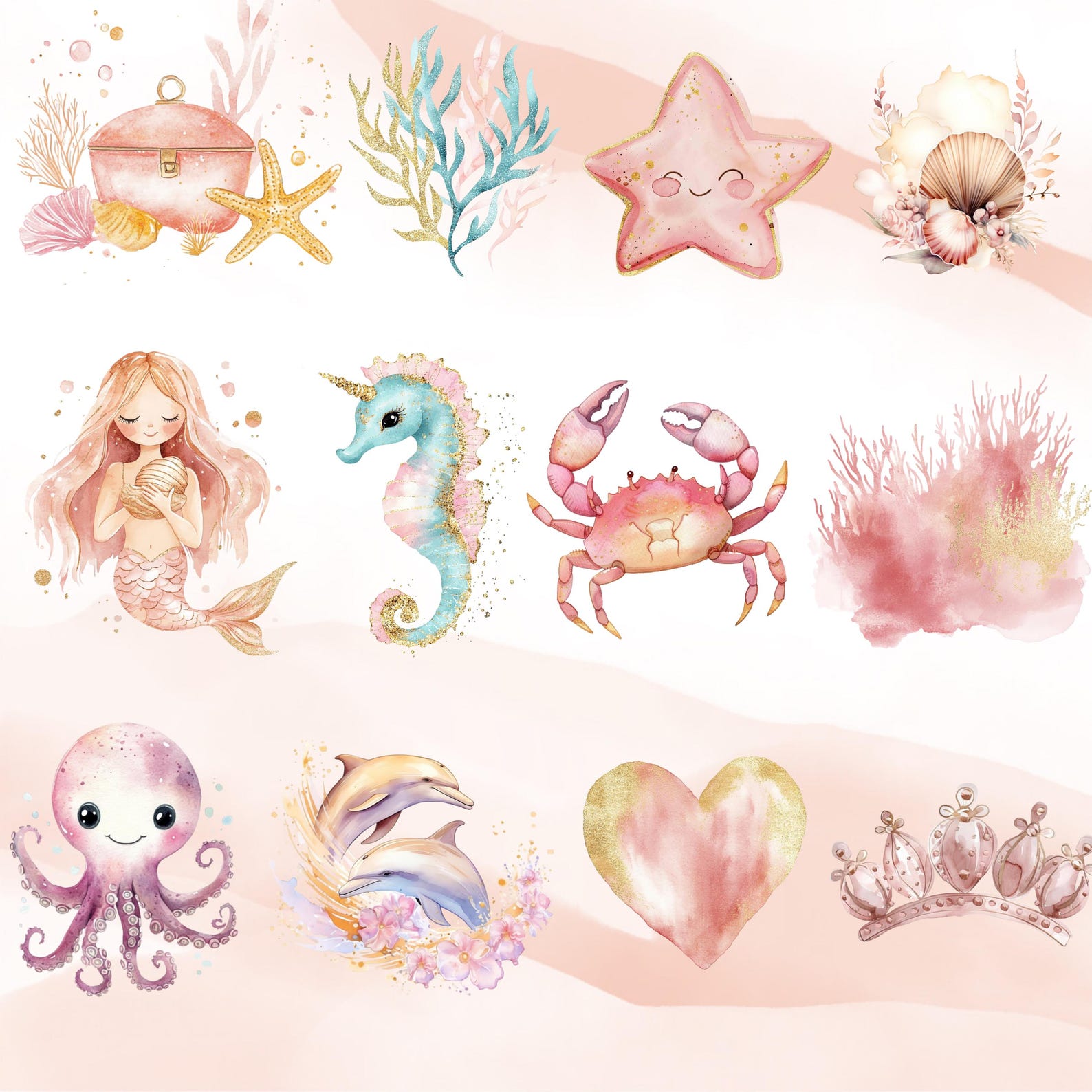 Watercolor Little Mermaid Clipart, Cute Mermaid Clipart, Under the Sea ...