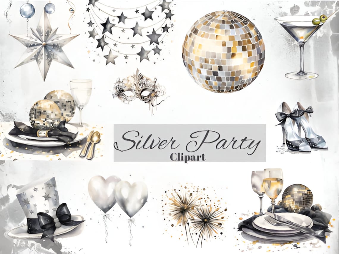 Silver Party Clipart Bundle PNG, Disco Ball Clipart, Party ...