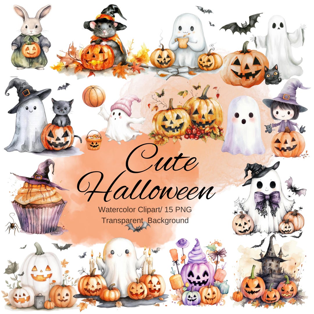 Cute Halloween Watercolor Clipart Bundle, Ghost Clipart, Pumpkin ...