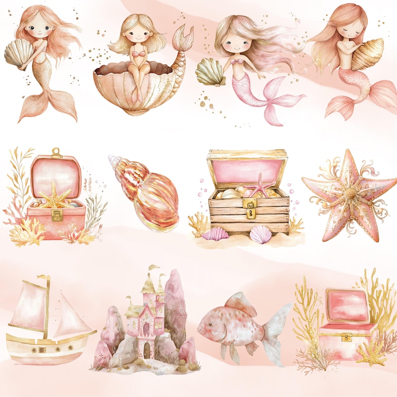 Watercolor Little Mermaid Clipart, Cute Mermaid Clipart, Under the Sea ...