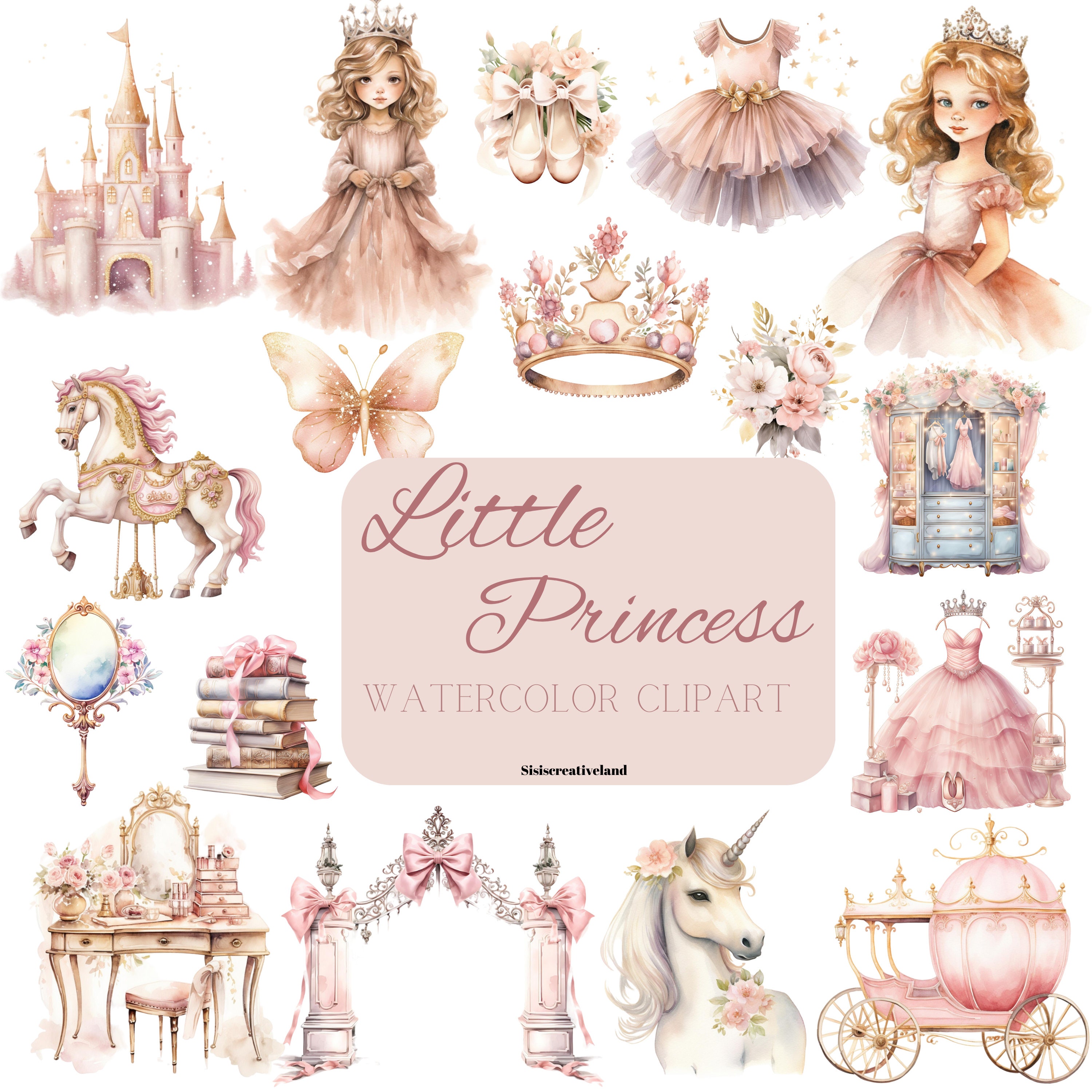 Watercolor Little Princess Clipart,pink Princess Clipart Bundle ...