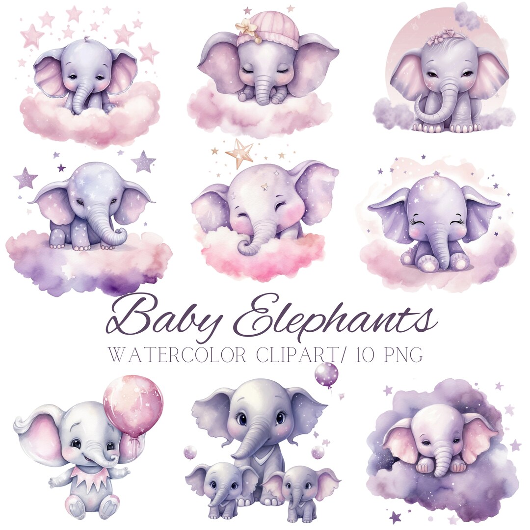 Watercolor Cute Baby Elephant Clipart Bundle, Baby Elephant Png, Baby ...