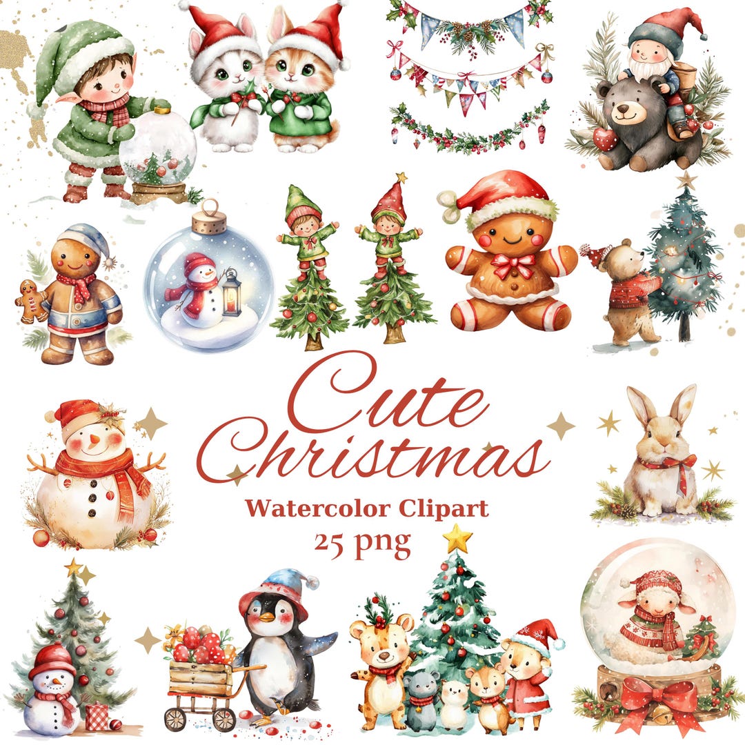 Watercolor Cute Christmas Clipart Bundle, Cozy Christmas Clipart, Elf ...