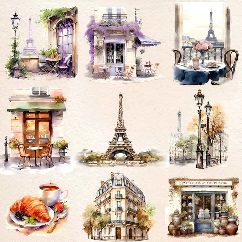 Watercolor Paris Clipart , Croissant Clipart , Paris Illustrations ...