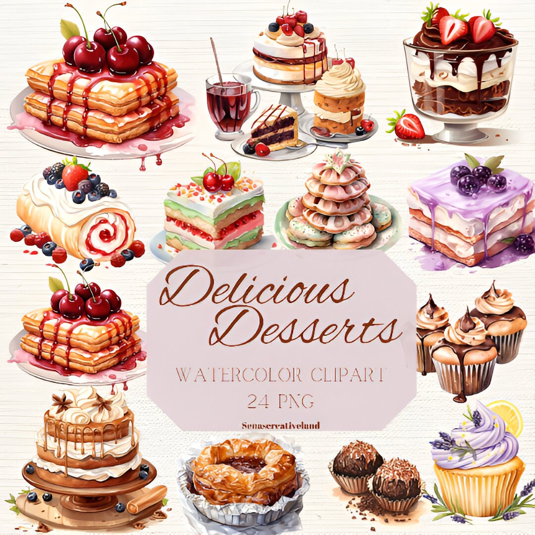 Delicious Desserts Watercolor Clipart, Sweets Clipart, Dessert Clipart ...