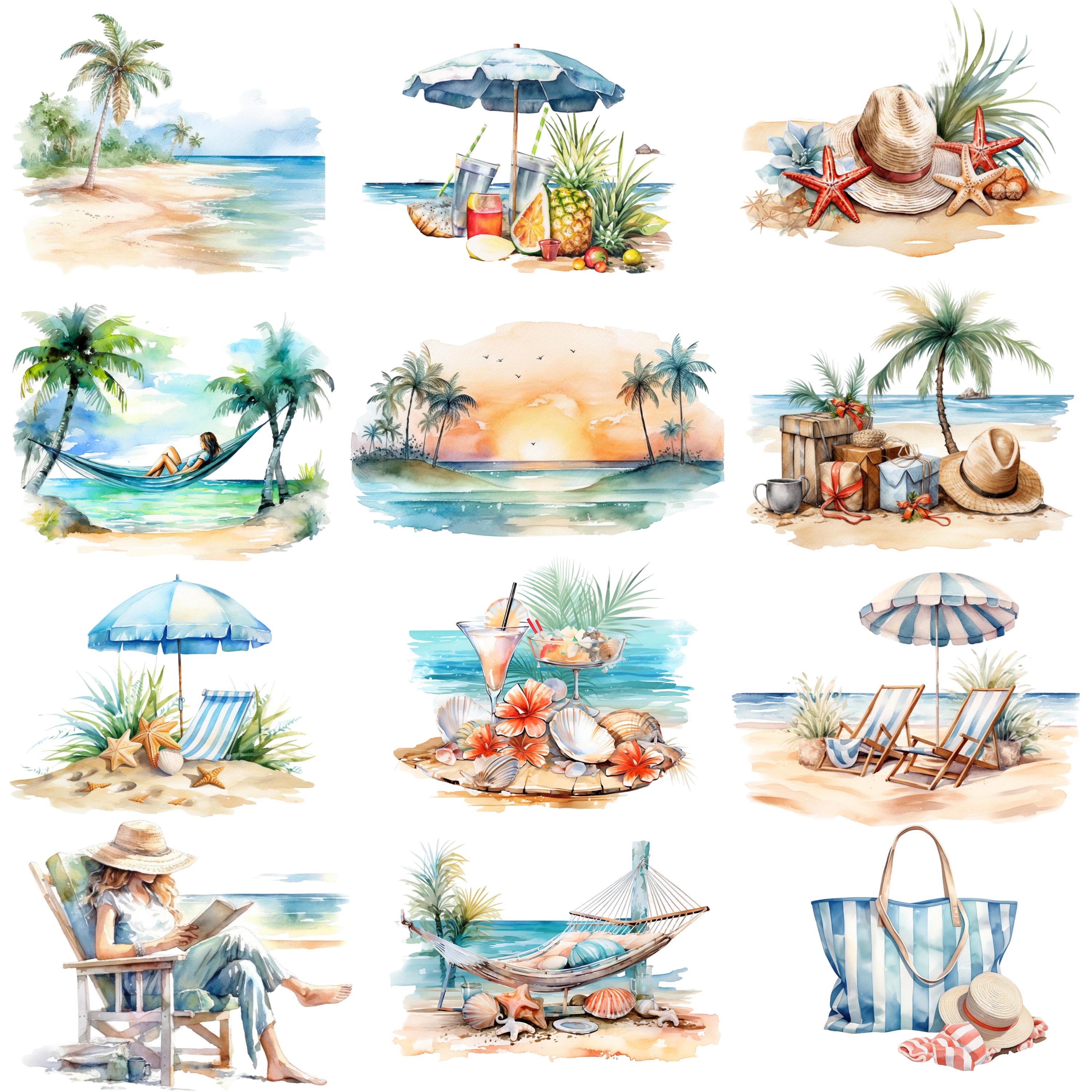 Watercolor Summer Clipart, Summer Illustrations,beach Time PNG Clipart ...