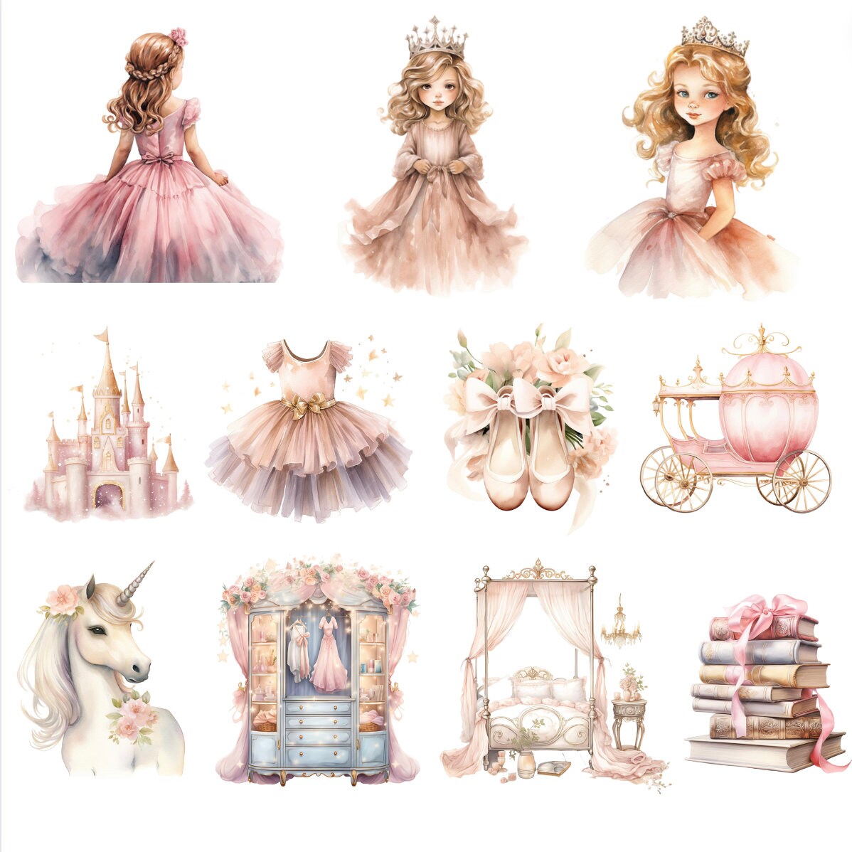 Watercolor Little Princess Clipart,pink Princess Clipart Bundle ...