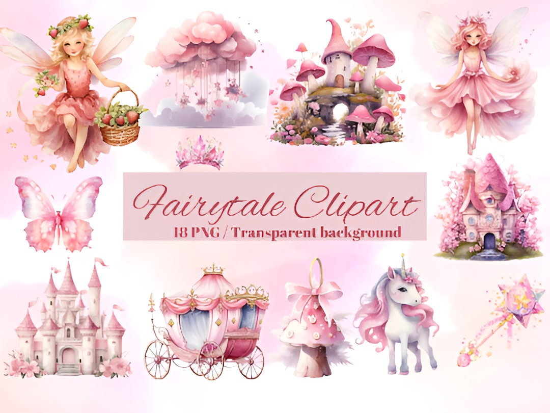 Watercolor Pink Fairytale Clipart Bundle, Transparent Background, Fairy ...