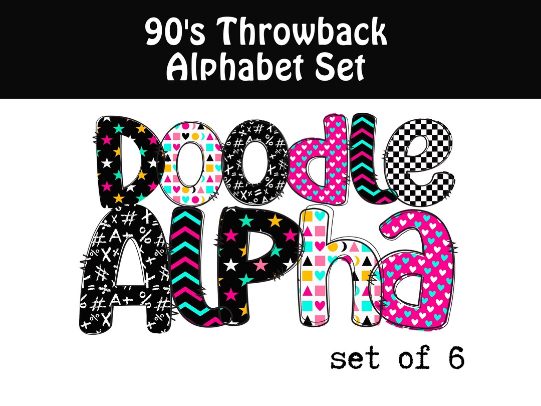 Doodle Letters 90s Retro Chevron Dots Neon Alphabet, PNG Letters for ...