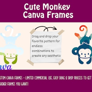 Monkey Canva Frames, Nursery Monkey Clip Art, Editable Canva Template ...