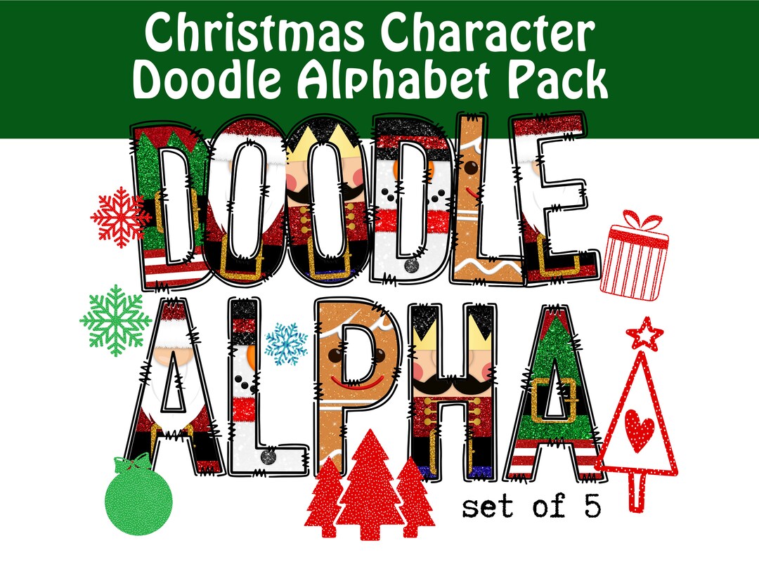 Christmas Doodle Letters + Clip Art, Uppercase Alphabet Set, Retro ...