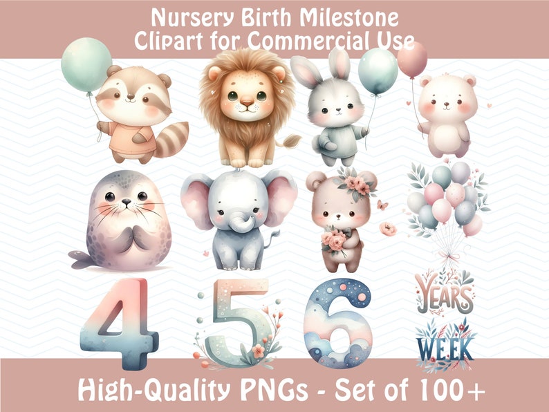 Nursery Birth Milestone Clipart Bundle PNG, Baby Monthly Milestone Clip ...
