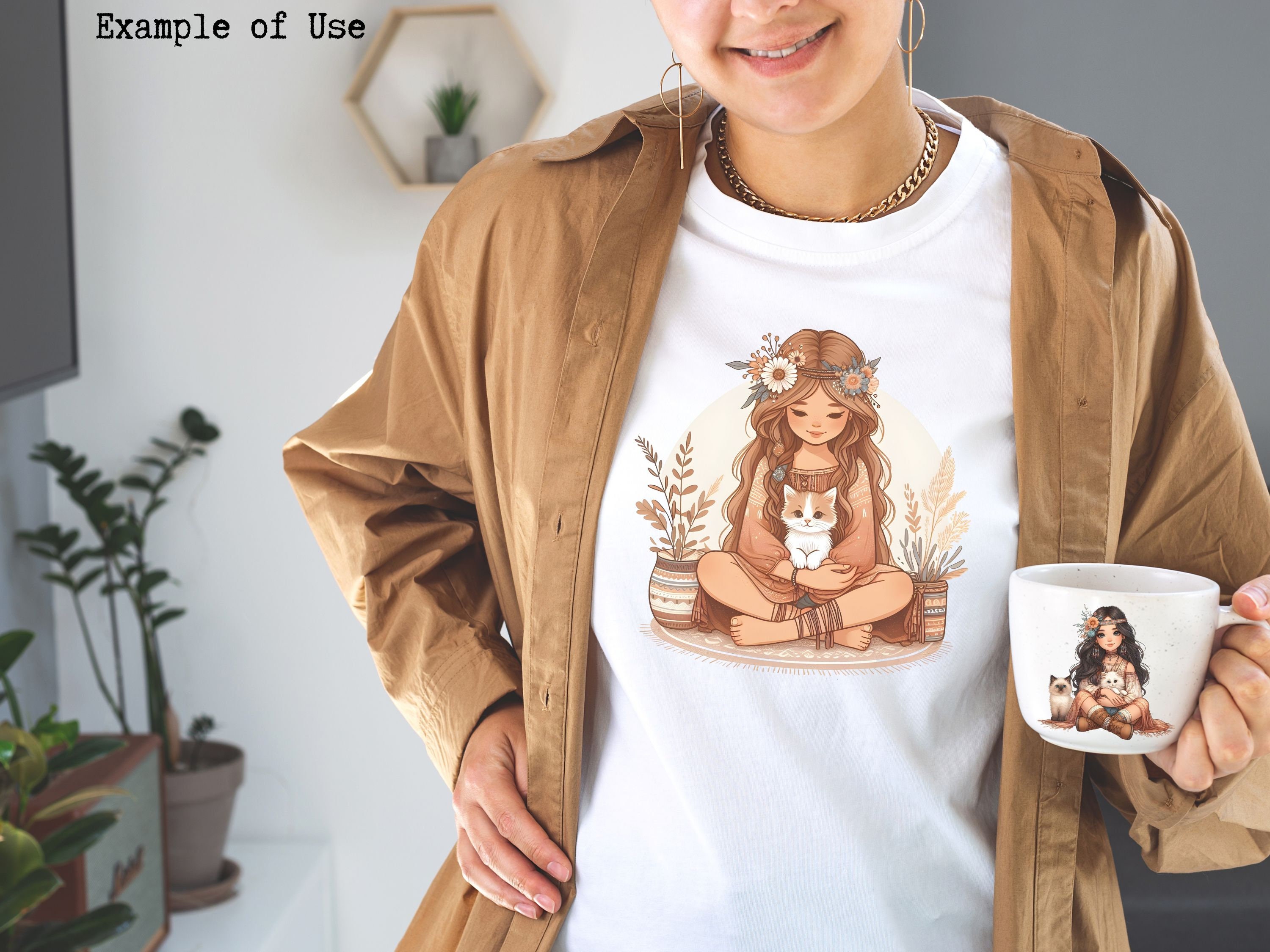 Boho Clipart Bundle Girls and Cats PNG, Cottagecore Cat Mom Sticker ...