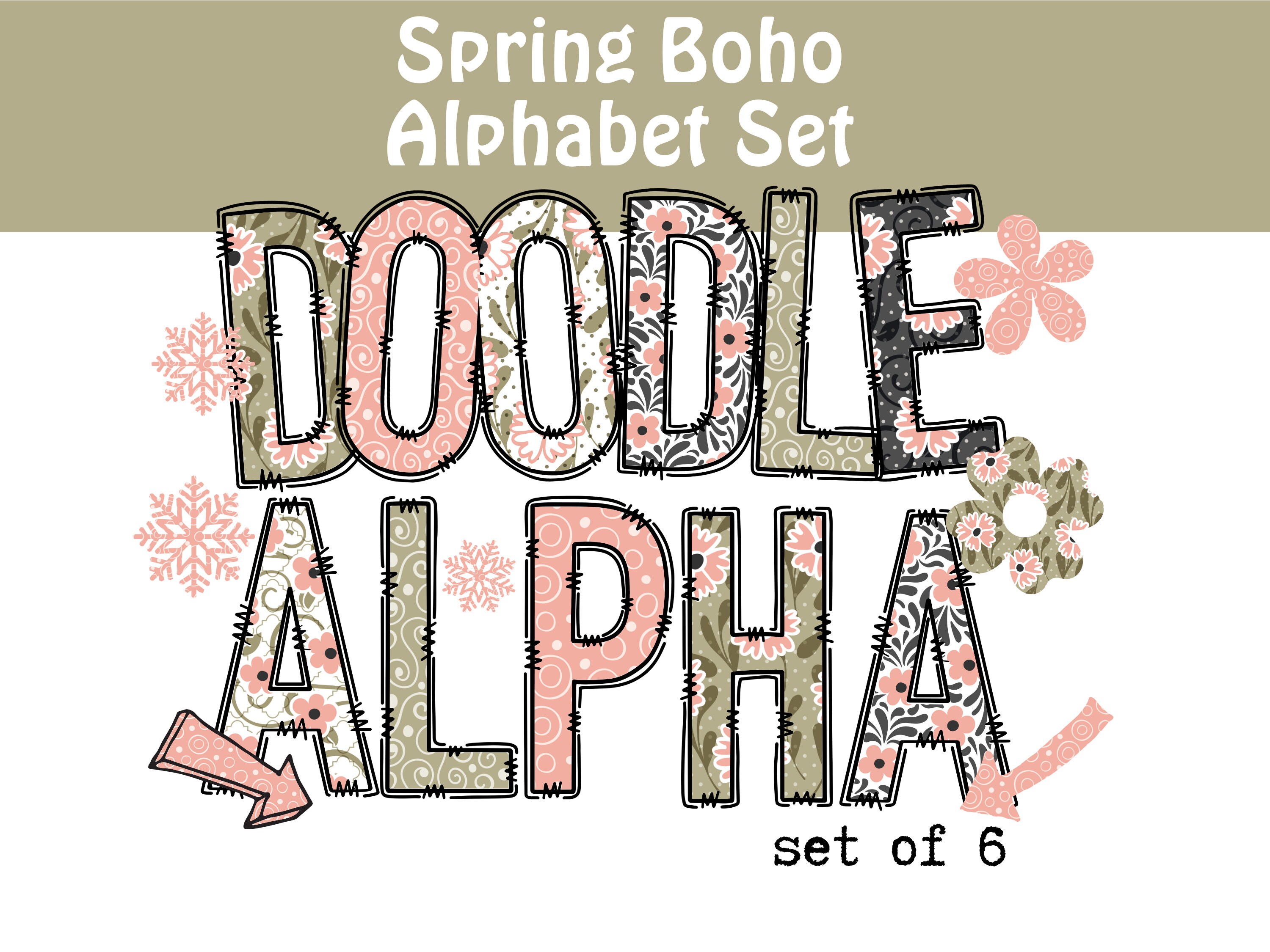 Spring Boho Doodle Letters + Clip Art, Uppercase Alphabet Set, Floral ...