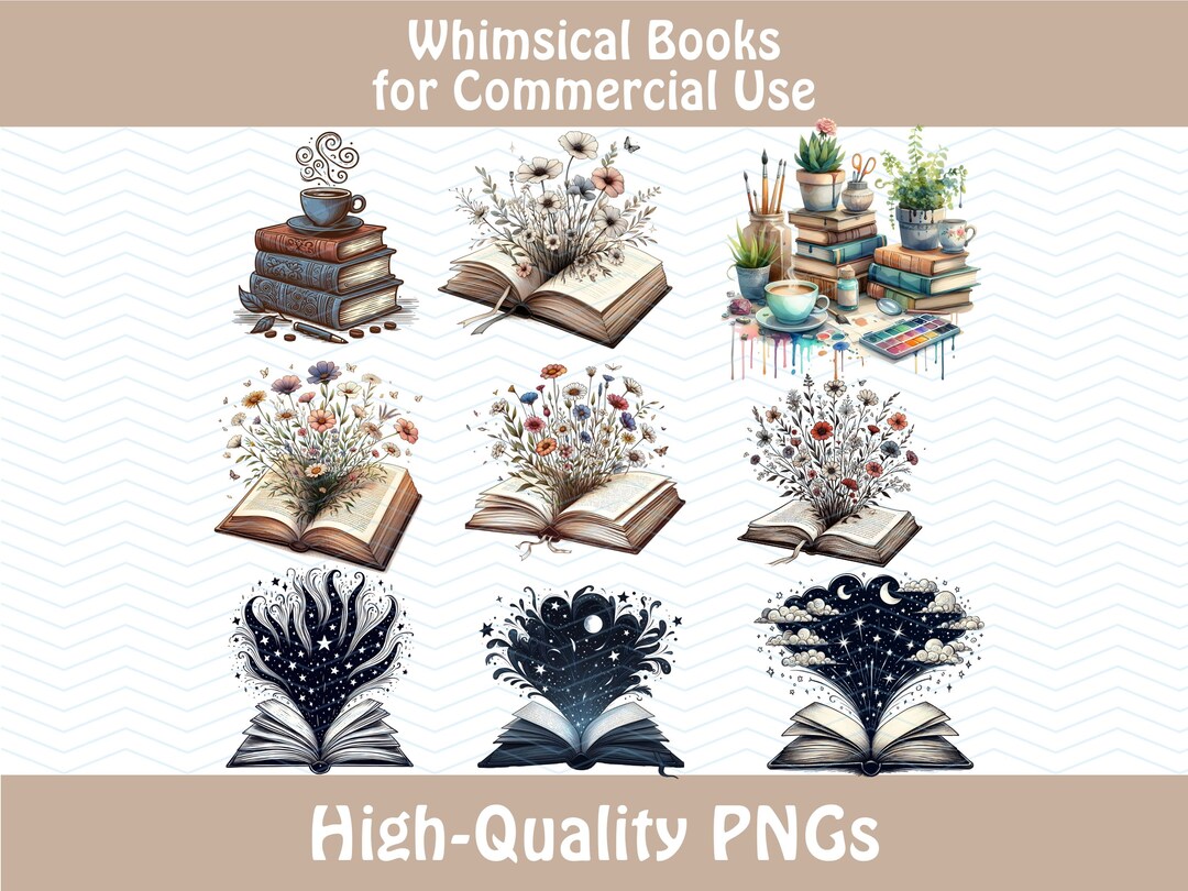 Book Clipart Bundle for Reader Gift, Line Art Books Clip Art PNG ...