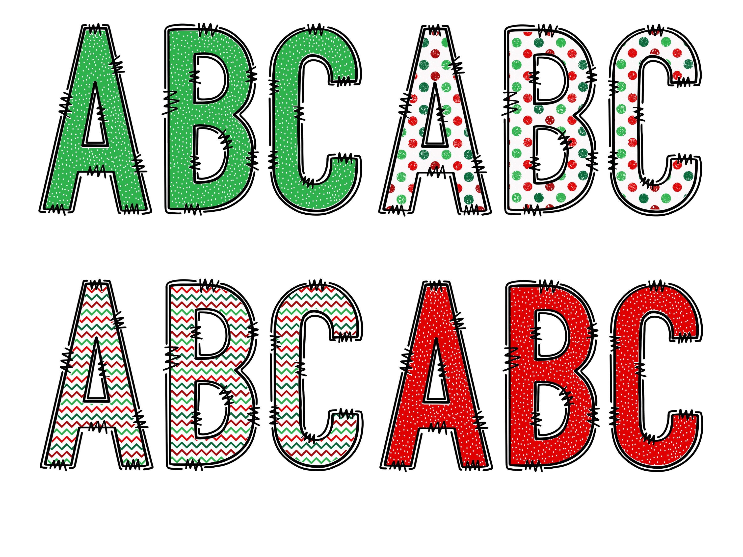 Christmas Doodle Letters Clip Art, Uppercase Alphabet Set, Retro ...